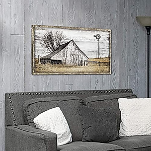 Barn Framed Wall Art Farmhouse: Rustic Farm Wood Picture Decor Large Windmill Country Scene Painting Horizontal Nature Landscape Artwork Panoramic Countryside View Print for Home Living Room Bedroom