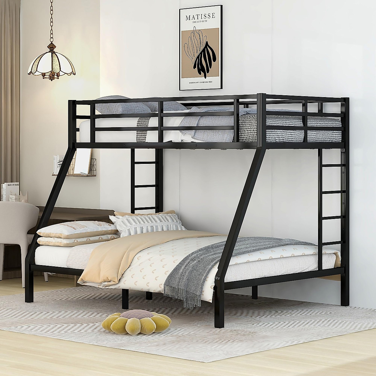Twin XL Over Queen Bunk Bed for Boys/Girls/Teens/Adults, Heavy-Duty Metal Bunk Beds Frame with 2 Ladders & Full-Length Guardrail, Under Bed Storage Space, Noise Reduced, No Box Spring Needed