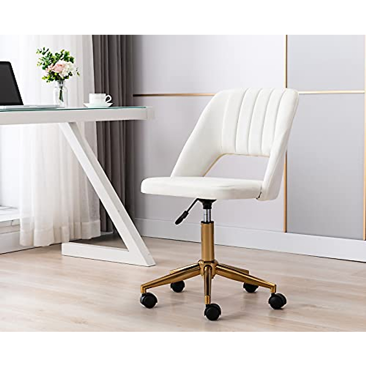 ZHENGHAO ZH4YOU Modern Armless Desk Chair Vanity Stool for Teen Girls, Hollow Back Task Chair Study Chair Sewing Chair with Gold Base for Home OfficeBedroomLiving Room (White)