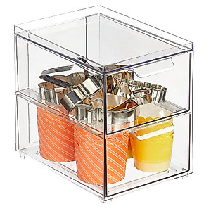 mDesign Stackable Storage Containers Box with 2 Pull-Out Drawers - Stacking Plastic Drawer Bins for Kitchen Pantry and Cupboard, Cabinet, Counter, Island and Tables - Lumiere Collection - Clear