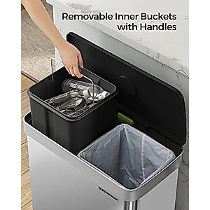 SONGMICS Kitchen Trash Can, 16 Gallons (2 x 8 Gallons) Dual Compartment Garbage Can, 60L Pedal Recycling Bin, Stay-Open Lid and Soft Closure, Stainless Steel, 15 Bags Included, Silver ULTB202E01