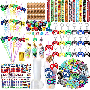 Lenwen 128 Pcs Video Game Party Favors Set Includes Reusable Gamer Drinking Straws Cups Tattoos Slap Bracelets Keychains Gift Tags Stamps Stickers Twist Ties for Kids Gamer Birthday Party (Cool)
