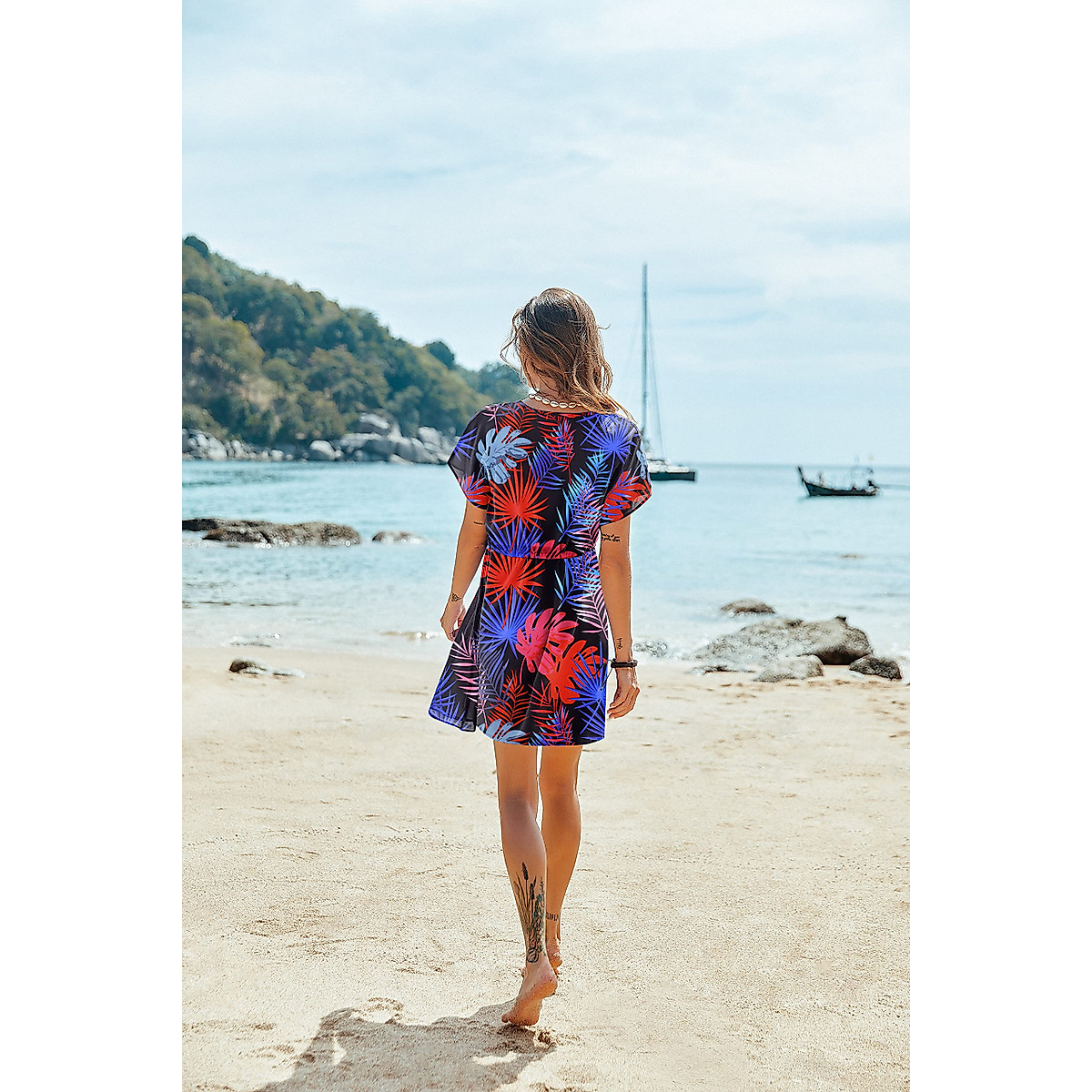 Ekouaer Women's Cover Ups Casual Swimsuit Coverups Flowy Tie Waist Beach Cover Up Dress(Black Red Leaf, X-Large)