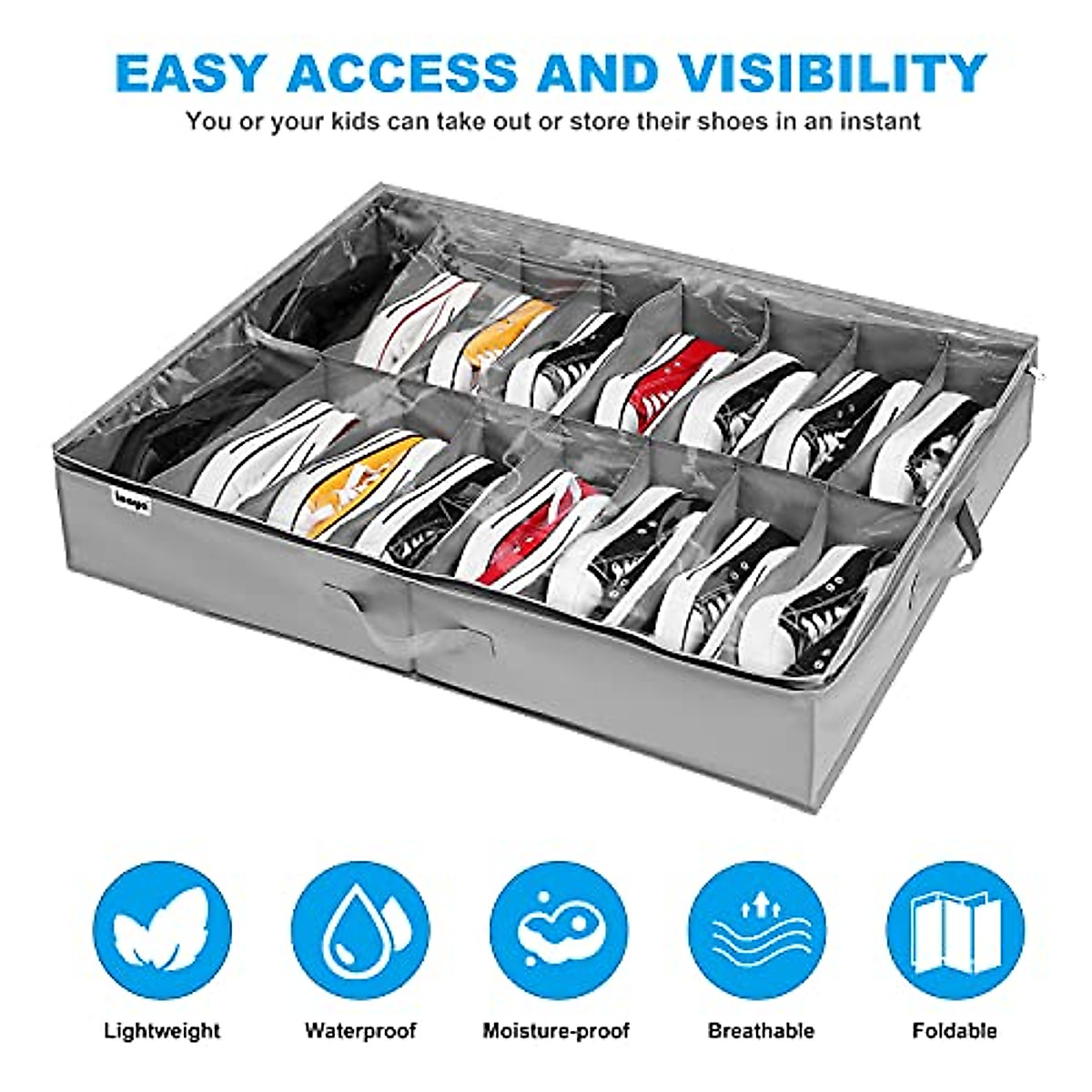 INAYA Under Bed Shoe Storage Organizer Set of 2, Fits 32 Pairs, Underbed Shoe Box Storage Containers Adjustable Dividers w/Bottom Support Velcro, Clear Foldable Shoes Storage w/Reinforced Handles