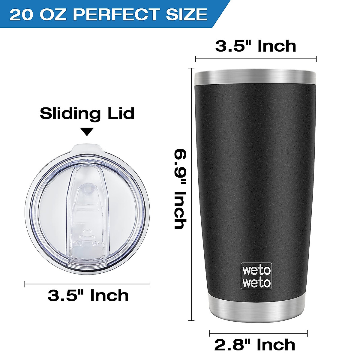 WETOWETO 20oz Tumbler, Stainless Steel Vacuum Insulated Coffee Tumbler Cup, Double Wall Powder Coated Leak-proof Travel Coffee Mug Cup (Black, 1 Pack)