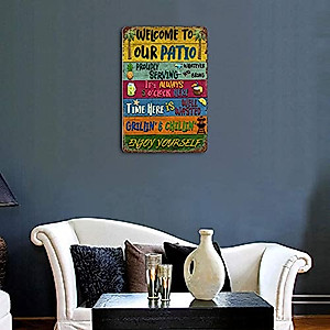Larkverk Welcome to Our Patio Metal Tin Sign for Home Wall Decor Proudly Serving Whatever You Bring, Backyard Signs for Farmhouse Home Party Coffee Shop