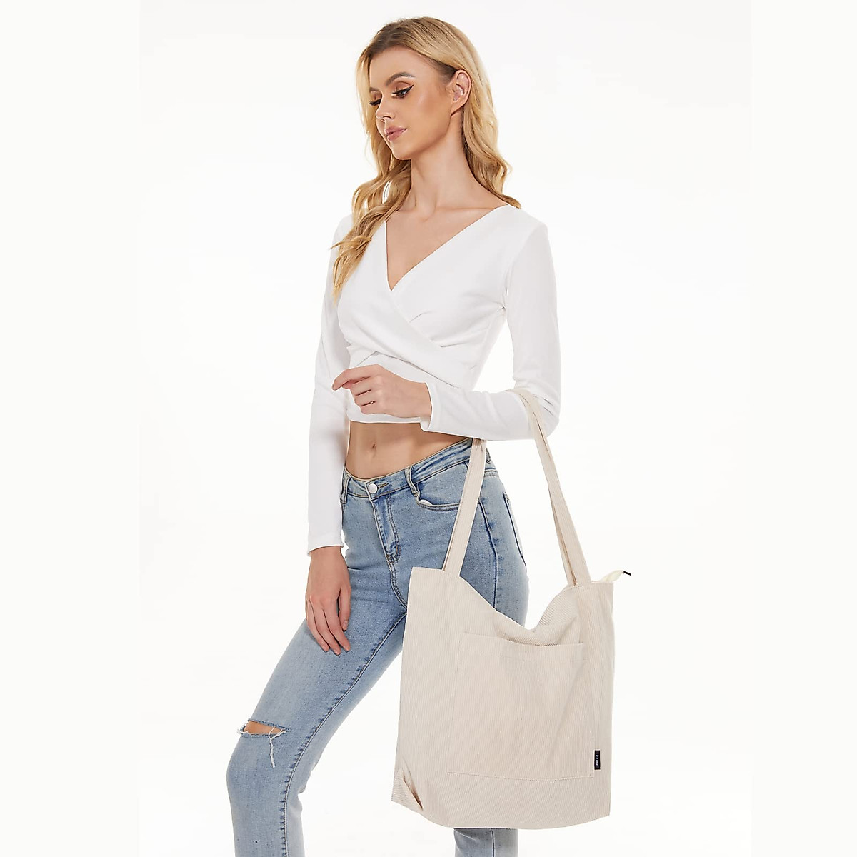 KALIDI Women Corduroy Tote Bag Large Shoulder Tote Bag with Zipper Pocket Casual Hobo Handbag Big Capacity Shopping Work Bag
