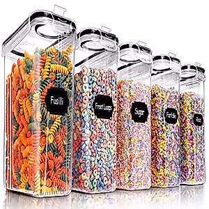 PRAKI 5PCS Cereal Containers Storage Set, BPA Free Airtight Food Storage Container Set with Lids, Kitchen Pantry Organization and Storage for Sugar, Baking Supplies with 20 Labels & Mark(4L Black)