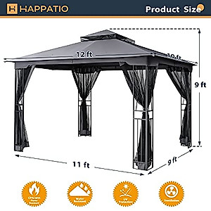 HAPPATIO 10' X 12' Outdoor Patio Gazebo, Outdoor Canopy Gazebo for Garden,Yard,Patio with Ventilation Double Roof with Mosquito Netting,Gray