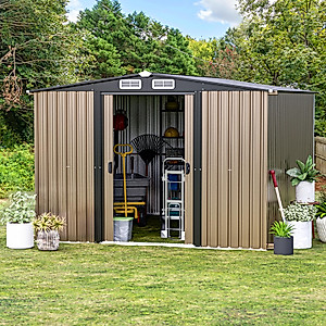 Large Outdoor Storage Shed 10 x 8 FT Galvanized Metal Shed with Sliding Door and Air Vents Waterproof Garden Tool Shed for Backyard, Lawn and Patio