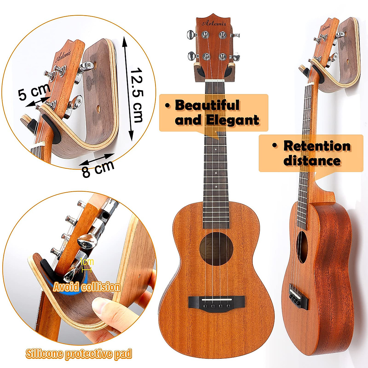 Guitar Wall Mount Holder Guitar Hanger with Pick Slot Skateboard Rack Modern Design Guitar Hook Ukulele Stand Wooden Violin Display Stand with Tool for Storage Bass Acoustic Mandolin Banjo (2 Sets)