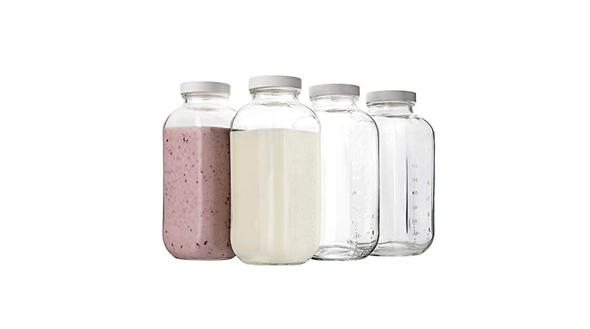 Kitchentoolz 32oz Square Glass Milk Bottles – Reusable Food Storage