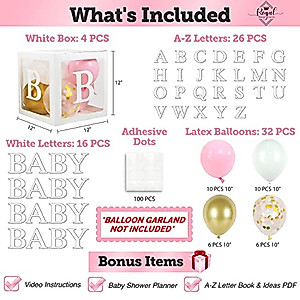 82 PCS Baby Shower Decorations for Girl - Jumbo Transparent Baby Block Balloon Box Includes BABY, A - Z Letters DYI, White Pink Gold Confetti Balloons, Gender Reveal Party Supplies, 1st Birthday Décor