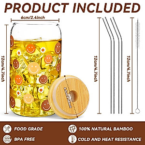 gisgfim 2 Pcs Smile Face Ice Coffee Cup Boho Glass Cup with Straw and Bamboo Lids 16oz Recycled Retro Groovy Drinking Glasses for Tea Soda Clear Water Family Friends Women Gifts