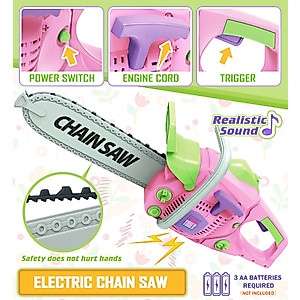 Kids Tool Set with Electric Toy Drill Chainsaw Jigsaw Toy Tools for Girl, Realistic Kids Power Construction Pretend Play Tools Set Toddler Toys Playset Kit for Toddler Boy Girl Kid Child Tool Toy Pink