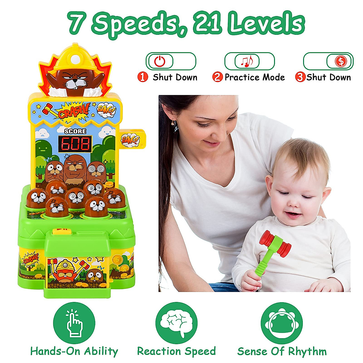 MIXHOMIC Arcade Game Toys for 3 Year Old, Whack A Mole Game, Early Developmental Toy, Mini Electronic Arcade Game Toy, Interactive Pounding Toy, Whack Game Mole Gift Idea for 3-8 Years Old Boys Girls