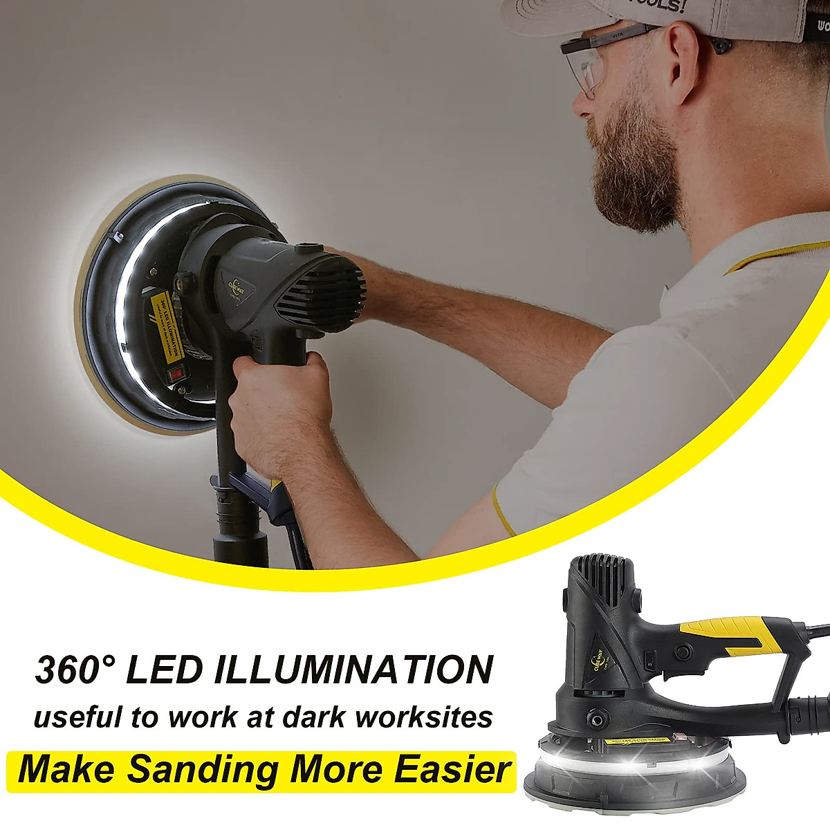 CUBEWAY Drywall Sander, Handheld Electric Drywall Sander with Vacuum Attachment and Variable Speed, Sheetrock Sander Machine with LED Light 10pcs Sanding Discs and 26FT Power Cord