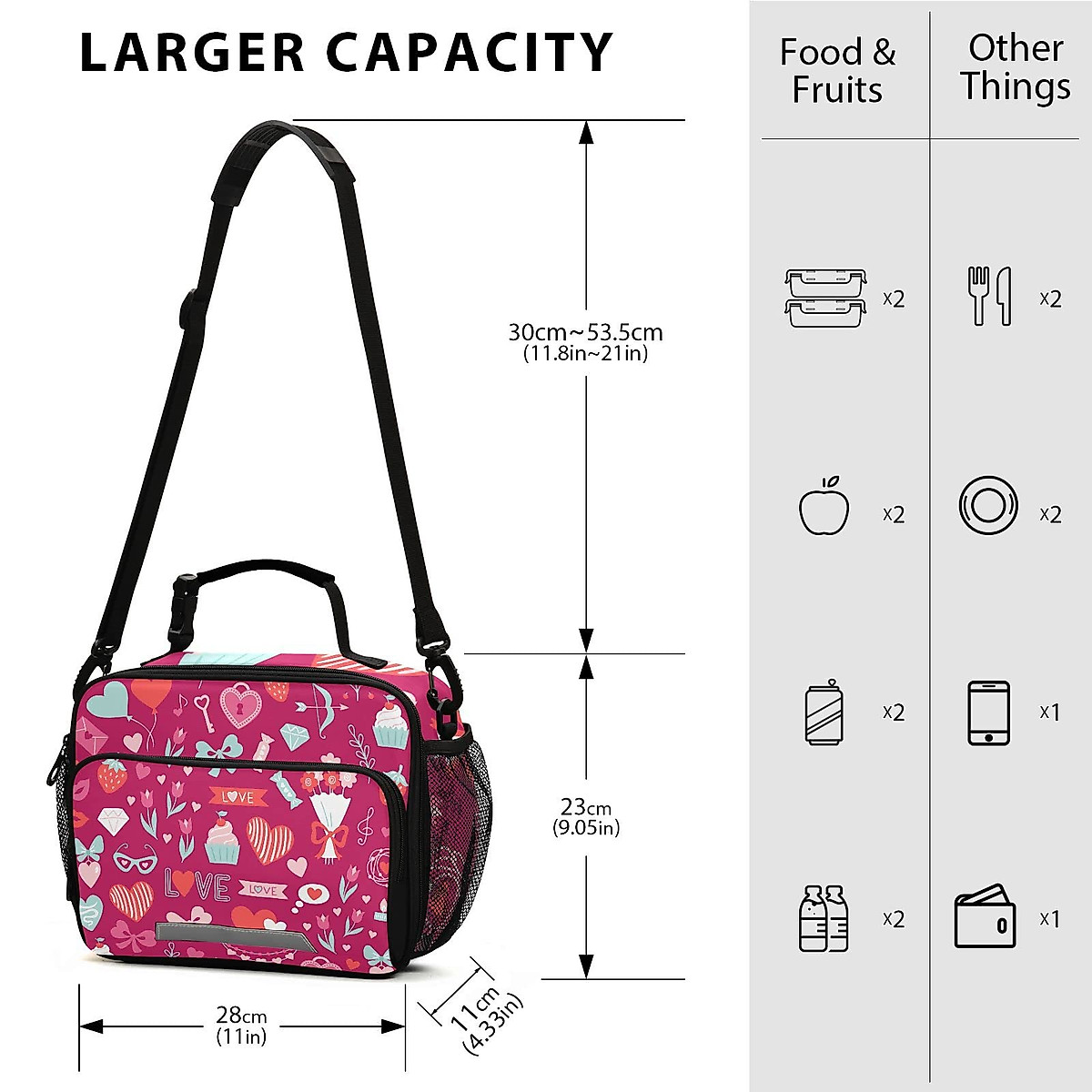 ElliTarr Lunch Box Women Kids Men Insulated Lunch Bag Lunch Tote Bag Large Capacity Leakproof Lightweight Reusable Cooler Bag with Side Pockets and Adjustable Shoulder Strap Love