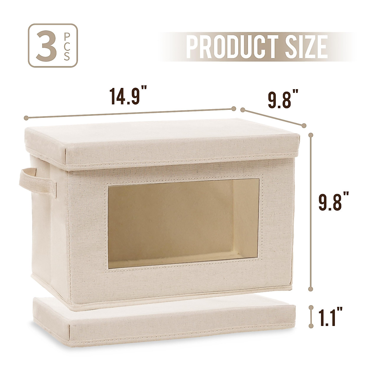 Citylife 3 Pack Storage Bins with Lids, Fabric Foldable Storage Bins with Soft Cord Handles, Canvas Storage Bin with Lid for Organizing Clothes, Blankets and Books, Beige