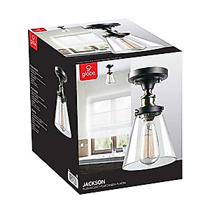 Globe Electric 65380 1-Light Flush Mount Ceiling Light, Dark Bronze, Satin Finish, Antique Brass Accents, Clear Glass Shade, Ceiling Light Fixture, Light Fixtures Ceiling Mount, E26 Bulb