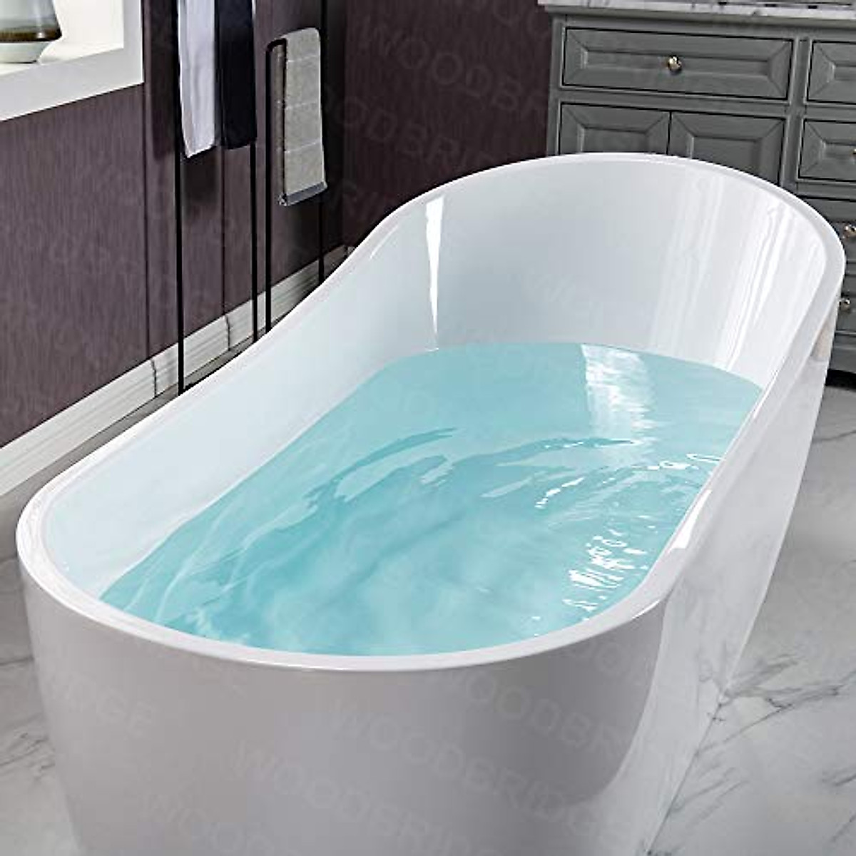 WOODBRIDGE 67"Freestanding White Acylic Soaking Bathtub with White Pillow,Drain and Overflow in Brushed Gold,BTA1508 -BG-Drain &O+ Pillow