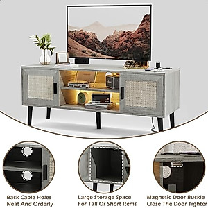 Hiwelldas TV Stand for 55 inch TV with Charging Station & 2 USB Ports Entertainment Center with Rattan Doors & Adjustable Shelf & LED Strip Boho Media Console for Living Room, Bedroom (Light Grey)