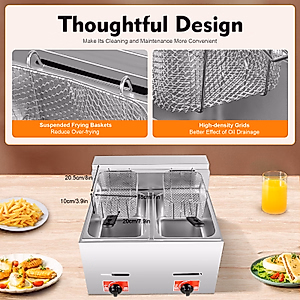 Commercial LPG Gas Deep Fryer,12L Countertop Stainless Steel Fryer Metal Tube Double Deep Fryer with 2 Frying Baskets and 2 Lids,for Cafeteria French Fries, Chicken, and More