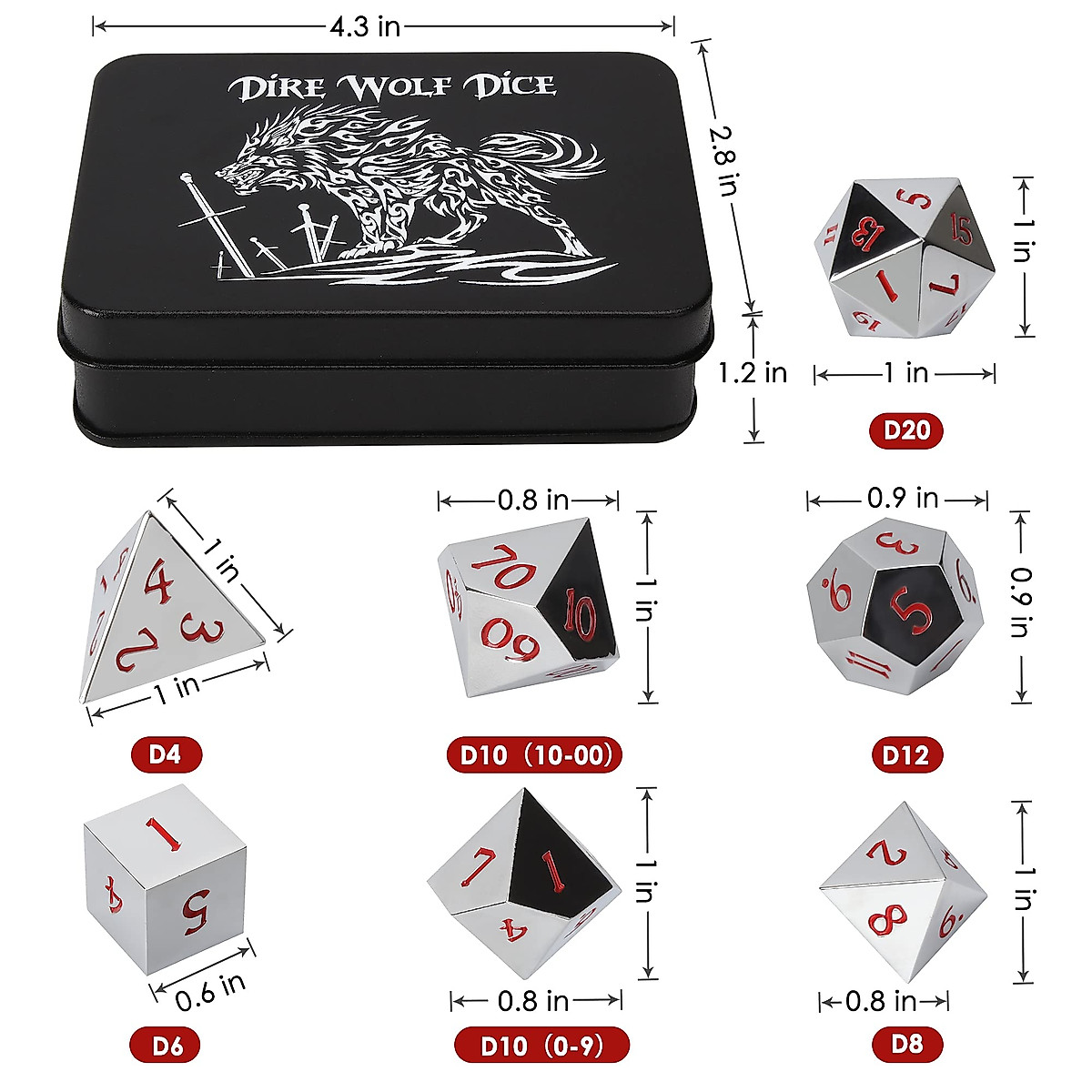 Metal Polyhedral DND Dice Set (7 Game Dice Plus Custom Tin Case) Dire Wolf Dice Gift Set for Role Playing RPG Like Dungeons and Dragons D&D, Pathfinder, Magic The Gathering MTG Games… (Silver & Red)…