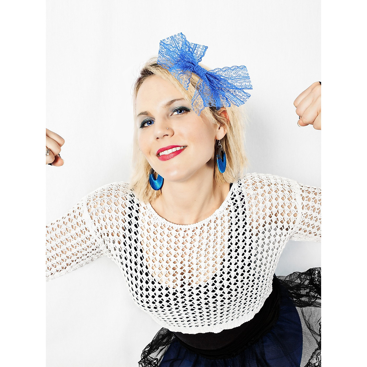 Blulu 80's Lace Headband Costume Accessories for Halloween 80s Theme Party, Avoid Headache Neon Lace Bow Headband, Set of 4 (Red, Fluorescent Green, Lake Blue, Purple)