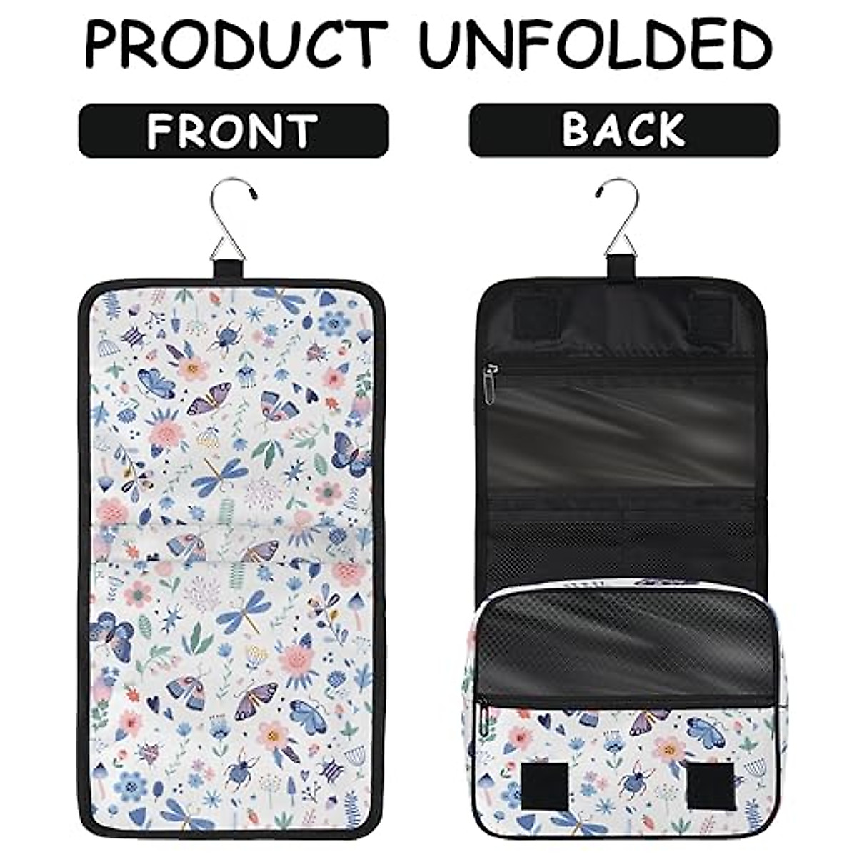 POFATO Butterfly Dragonfly Insect Pattern Travel Toiletry Bag Cosmetic Makeup Bag for Women Men Hanging Hook Wash Toiletries Portable Toiletry Bags Organizer