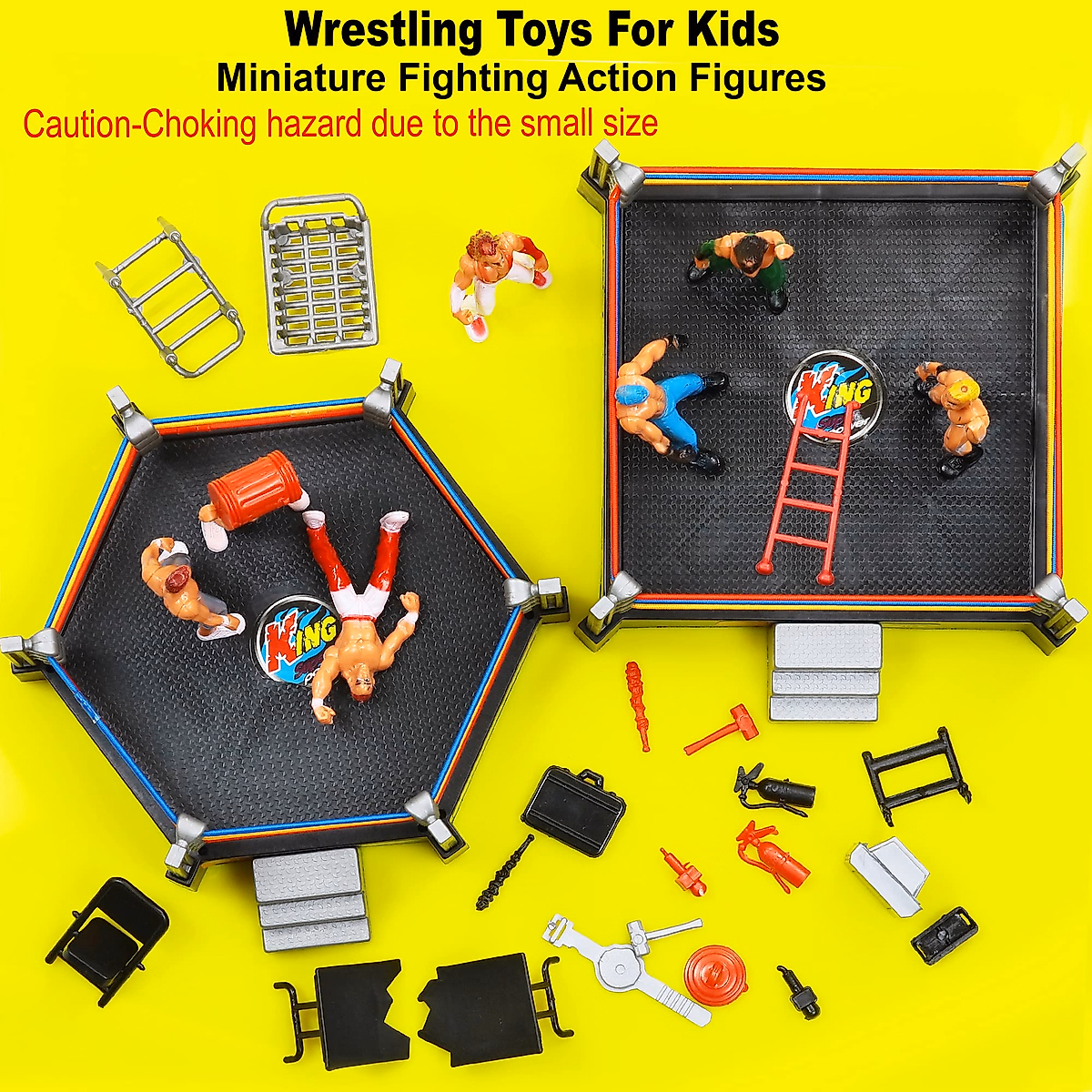 JDS Toy Store 32-Piece Mini Wrestling Playset with Action Figures and Accessories - Kids Toy with Realistic Wrestlers - 2 Rings Included