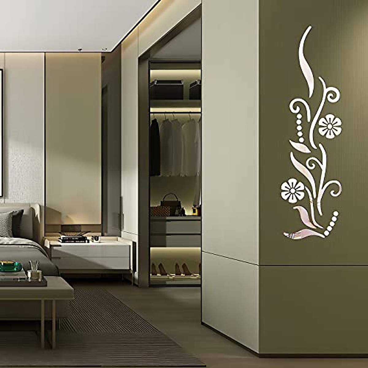 3D Flower Mirror Wall Sticker for Bedroom Living Room Sofa Backdrop Tv Wall Background, 3D Removable Acrylic Wall Decor Decal Sticker for Home Decoration (Silver)