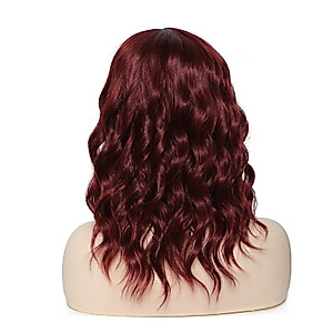 RemyAeki Red Wavy Wigs with Bangs for Women, Short Curly Bob Wigs Medium Shoulder Length, Burgundy Wine Red Synthetic Wigs Natural Looking 14 Inch