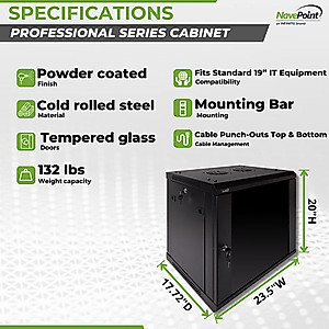 NavePoint 9U Server Rack Enclosure - 17.7” Deep, 9U Wall Mount Network Cabinet with Locking Glass Door for 19” IT Equipment, 9U Network Rack with 2 Fans, Removable Side Panels, Black