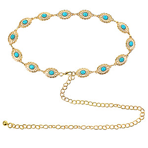 cobee Concho Chain Waist Belts for Women, Turquoise Western Metal Belt Adjustable Cowgirl Belt with Buckle for Jeans Dresses (Gold)