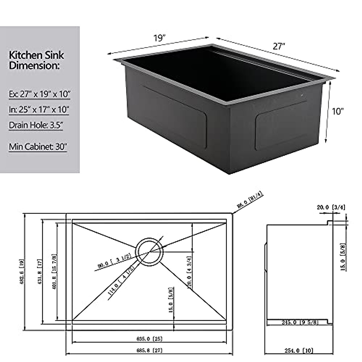 27 Black Undermount Workstation Kitchen Sink, Dorzom 27”x19” Metallic Matte Black Stainless Steel 18 Gauge 10 Inch Deep Undermount Workstation Single Bowl Kitchen Sink with Accessories