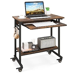 Giantex Rolling Computer Desk, Mobile Desk with Keyboard Tray, Portable Laptop PC Desk Cart with Shelf & Hooks, Small Desk with Wheels for Small Spaces, Bedroom, Apartment, Home Office Desk