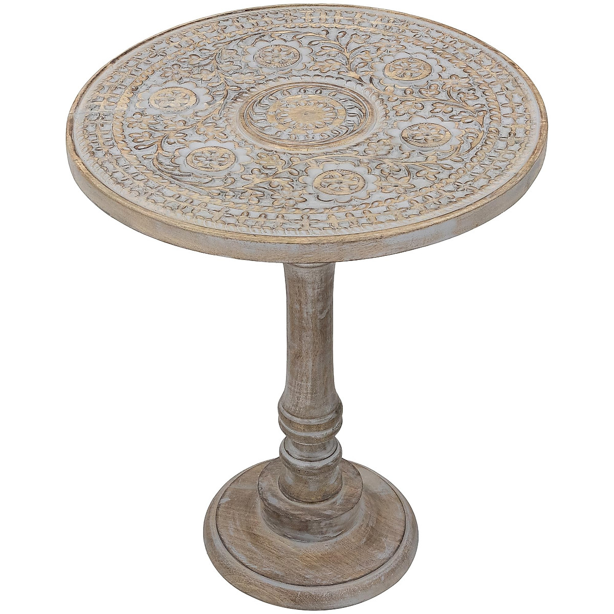 Northlight 21" Antique Gray Carved Floral Round Pedestal Side Table