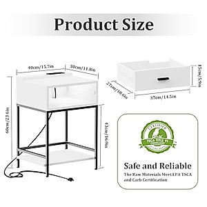 Facofaco White Nightstand with Charging Station and USB Ports, 3-Tier End Table with Wood Drawer Storage Shelf, Tall Small Bed Side Table for Small Spaces Living Room, Bedroom