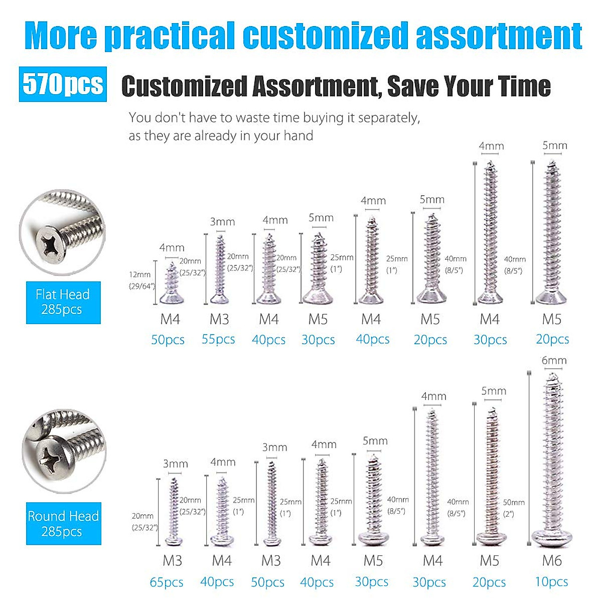 CASAON 570Pcs Self Tapping Screws Assortment Set, M3/M4/M5/M6 304 Stainless Steel Sheet Metal Screws Kit, Phillips Drive Wood Screw Assortment 570pcs (285pcs Round Head and 285pcs Flat Head)