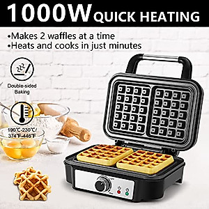 Extra Deep Belgian Waffle Maker MONXOOK, 2-Slice Non-Stick Waffle Iron with 5 Browning Knob, Classic 1" Thick Waffles, Anti-overflow, Recipes Included, PFOA Free, Stainless Steel
