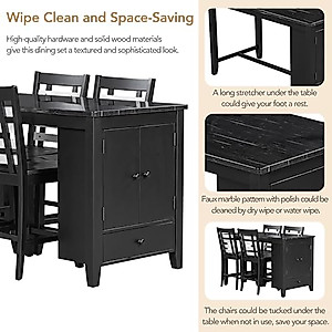 Aiuyesuo Rustic 5-Piece Dining Table Set with Faux Marble Tabletop, Rectangle Dining Table with Storage Cabinet and Drawer, Solid Wood Counter Height Table Set for Dining Room Kitchen (Black-SGH05)