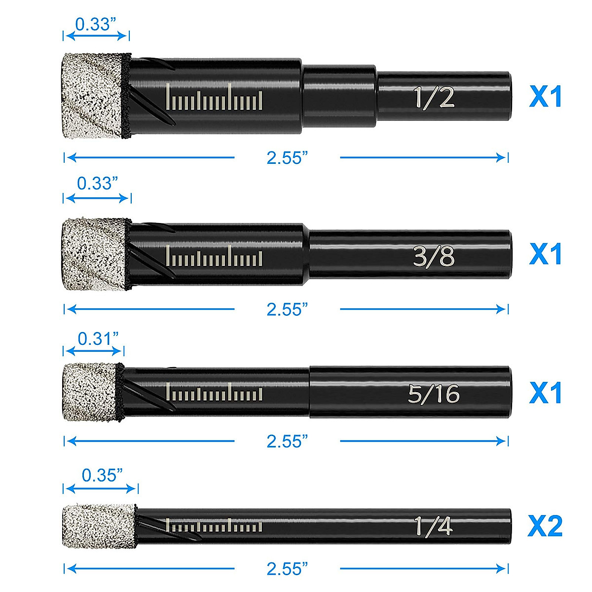 Dry Diamond Drill Bits Set 5 PCs for Granite Ceramic Marble Tile Stone Glass Hard Materials (not for Wood), Round Shank 1/4, 5/16, 3/8, 1/2 inch with Storage Case