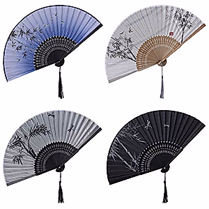 BABEYOND 4pcs Chinese Style Bamboo Folding Hand Fan Vintage Handheld Silk Folding Fan with Different Patterns Fringe Folding Fan for Wedding Dancing Party