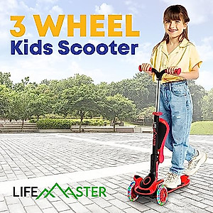 Kids Scooter – Foldable Seat – LED Wheel Lights Illuminate When Rolling – Children and Toddler 3 Wheel Kick Scooter – Adjustable Handlebar – Indoor and Outdoor- Red - by Lifemaster