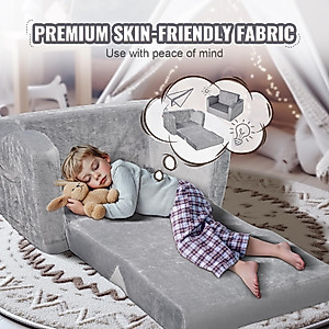 VEVOR Kids Couch, Toddler Chairs Comfy, 2-in-1 Toddler Couch Sofa Bed Fold Out, Convertible Sofa to Lounger, Kids Chair Seat Playroom Furniture for Kids Girls & Boys, Grey