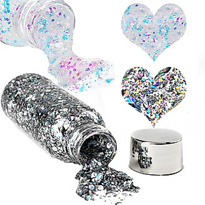 2 Color Body Glitter Gel Mermaid Scale Sequins Skin Long Lasting Sparkling Cream Eyeshadow Lip Nail Hair Painting Glitter Decorate Art Festival Party Make up Powder (Silver,White),with 2 Sponge Brush