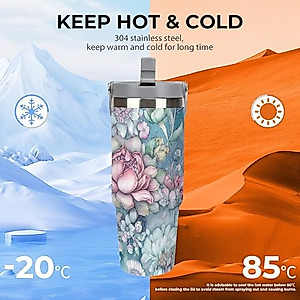 YTLKGFP 30 Oz Large Capacity Car Cup Blue Style Flowers Tumbler with Handle Straw Lid Insulated Stainless Steel Water Bottle Travel Mug Leak-proof Car Cup Keeps Cold Or Hot