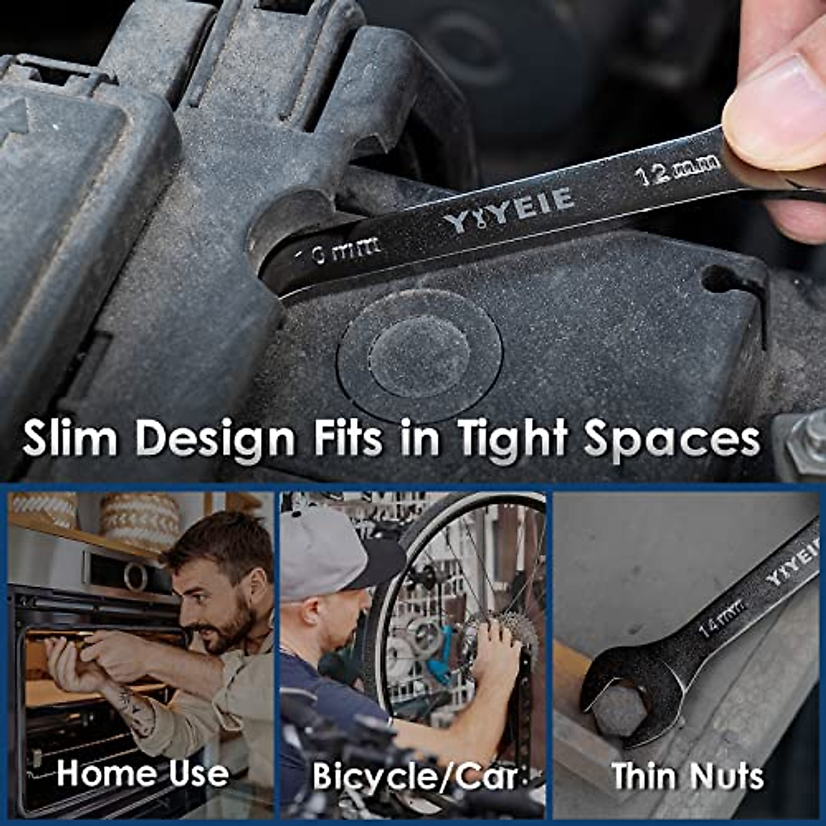 YIYEIE Super-Thin Open End Wrench Set, 10-Piece Metric, 5.5, 7, 8, 9, 10, 11, 12, 13, 14, 15, 16, 17, 18, 19, 20, 21, 22, 23, 24, 27 mm, Nickel Coating, CR-V Steel, Slim Wrench with Rolling Pouch