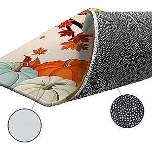Fall Thanksgiving Kitchen Bath Shower Door Welcome Mat,Washable Bedroom Living Room Bathroom Runner Rug Indoor Outdoor Doormat,Orange Teal Grey Pumpkins Gold Maple Leaves Autumn Holiday 16"x24"